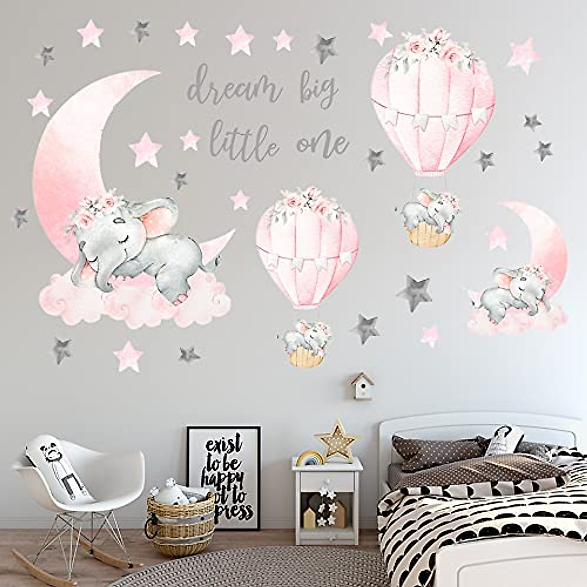 Dream Big Little One Elephant Wall Stickers, Pink Moon Hot Air Balloon Grey Stars Wall Decals for Nursery Kids Room Living Room Bedroom Decorations Home Decor