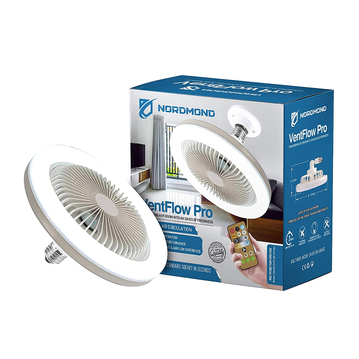 Socket Fan Light With Remote & Fan Light Bulb - 10" Light Bulb Ceiling Fan For Optimal Ventilation & Illumination, The Cutting-edge Fan Light For Bedroom, Garage, Living Room, Kitchen (VentFlow PRO 2)