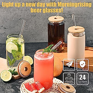MorningRising Glass Cups with Lids and Straws Set of 12, 16 oz Beer Glasses, Drinking Glasses, Glass Cups, Iced Coffee Glasses for Beer, Cocktail, Whiskey, Smoothies