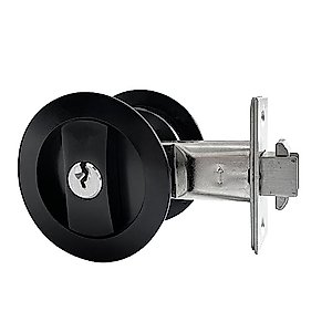 Round Pocket Door Lock with Keys - Recessed 2 Sided Handle Hardware for Privacy Barn Door and Sliding Door with Latch - Fits 1 3/8” to 2 3/16” Thickness Door (Black-Entry, 1 Pack)
