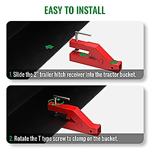 RbhAuto Red Tractor Clamp on Trailer Hitch 2" Ball Mount Receiver, New Upgrade Forklift Bucket Trailer Hitch Attachment, Adapter Compatible with Kubota Deere Bobcat Front Bucket Accessories
