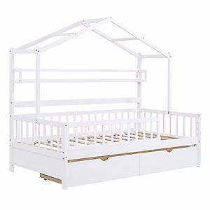 DEINPPA Full House Bed with Drawers, Kids Bed with Shelf and Fence Guardrails, Wood Bed Frame with Decorative Roof Designs, No Box Spring Needed, for Boys Girls Toddler Kids-White