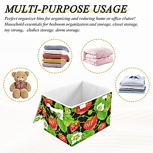 DIGTIA Storage Bins with Lids Strawberry White Flowers Foldable Storage Boxes with Handles Fruits Green Leaves Large Storage Basket Collapsible Organizer Containers for Closet Home Bedroom Office