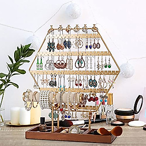 QILICHZ Earring Holder Stand Earring Organizer 6-Tier Earring Stand Hexagonal Jewelry Stand Jewelry Holder Jewelry Organizer with Wooden Tray for Jewelry Storage and Showcase (Gold 6-Tier)