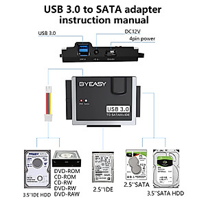 BYEASY SATA/IDE USB 3.0 Adapter, Hard Drive Reader with USB A and USB C for Universal 2.5"/3.5" Inch External HDD/SSD with 12V 2A Adapter, Support 12TB for Windows and Mac OS