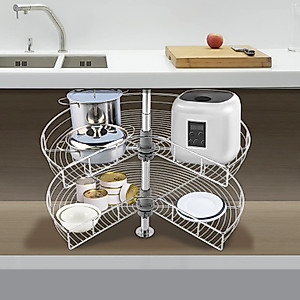 LOYALHEARTDY 28 Inch Lazy Susan Organizer, 2 Tier Lazy Kitchen Base Cabinet Corner Organizer Kitchen Corner Pantry 270° Rotating Basket Rotating Tray Kidney Lazy Susan Turntable for Cabinet