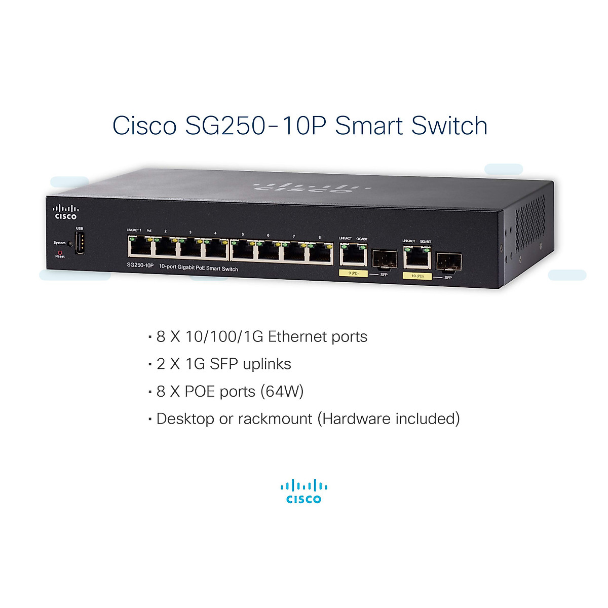 Cisco SG250-10P Smart Switch with 10 ports Gigabit Ethernet (GbE) Ports, 2 Gigabit Ethernet Combo SFP, 62W PoE, Limited Lifetime Protection (SG250-10P-K9-NA)