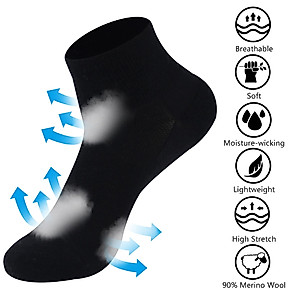 RTZAT 90% Merino Wool Ankle Men's Women's Athletic Business Casual Running Moisture Wicking Everyday Thin Wool Socks, Large, Black, 3 Pairs