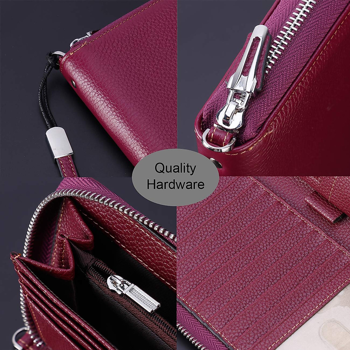 Lavemi Women's RFID Blocking 100% Leather Large Capacity Zip Around Wallet Phone Holder Clutch Travel Purse Wristlet(Large Size Pebbled Dark Magenta)