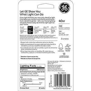 Ge Ceiling Fan Light Bulbs Blunt Tip 40 W 280 Lumens Candelabra 3.19 in. C-7a Clear Carded 2 Pack