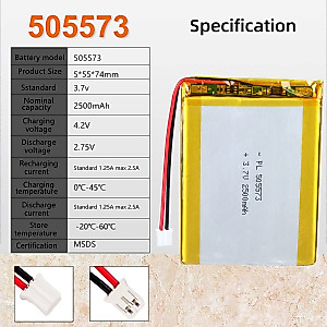 YDL 3.7V 2500mAh 505573 Lipo Battery Rechargeable Lithium Polymer ion Battery Pack with PH2.0mm JST Connector