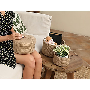Cottonphant Set of 3 Stylish Round Woven Baskets with Lids - Elegant Storage Solution for Home Decor and Organization - Compact Shelf Baskets (Jute, 10"x6"-8"x5"-6"x4")