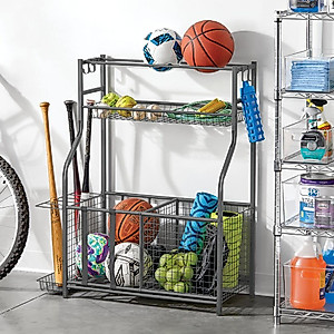 mDesign Metal Heavy Duty Garage Storage System Rack with Top Shelf, Multi-Purpose Sporting Goods Storage with Multiple Compartments, Baskets and Hooks - Holds Equipment, Balls, Bats - Graphite Gray