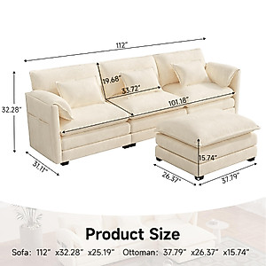 Winlice 112'' Sectional Sofa, L-Shaped Modular Couch with Double Layer Cushions and Movable Ottoman for Apartments, Living Room and Commercial Space, Beige