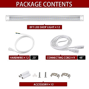 Kihung (12-Pack) 8FT LED Shop Light Fixture, 75W, 9750LM, 6000K, 96'' T8 Tube Light, 8 Foot Linkable LED Bulbs for Garage, Warehouse, V Shape, 8’ LED Strip, Clear Lens, Hardwired Installation