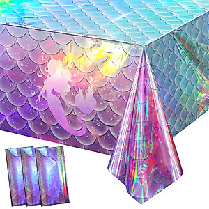 3Pcs Mermaid Iridescence Plastic Tablecloths,Mermaid Laser Table Cloths Holographic Foil Disposable Table Cover for Girls Birthday Wedding Disco Holiday Mermaid Themed Party Decorations 54 x108 inch