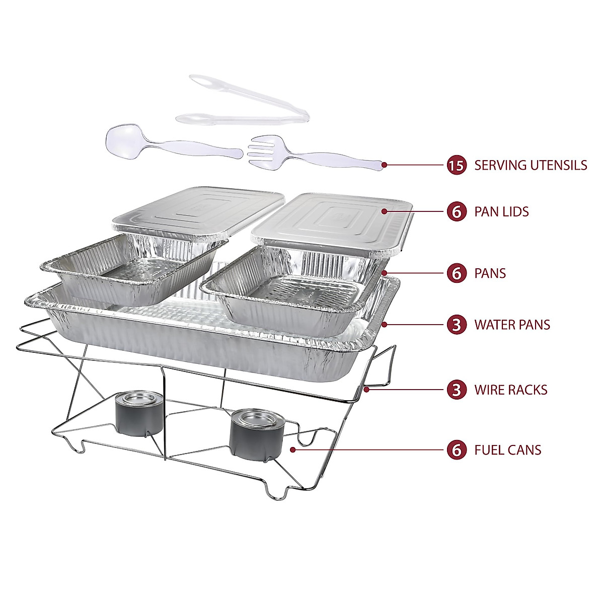 Full Size 39-Pcs Disposable Chafing Buffet Set with 6hr Fuel Cans, Covers, Serving Utensils - Premium Chafing Dish Set for Catering, Events, and Parties - Complete Food Warmer Party Serving Kit