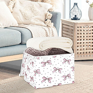YETTASBIN Bow Pink Storage Basket with Lid and Handles, Large Collapsible Fabric Storage Bins Sturdy Storage Organizer for Shelves, Closet, Bedroom, School, Office, Home Decor