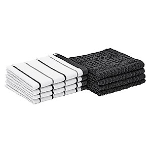Amazon Basics 100% Cotton Kitchen Dish Cloths, 12 x 12-Inch, Absorbent Durable Ringspun Cloth - 8-Pack, Black Stripe