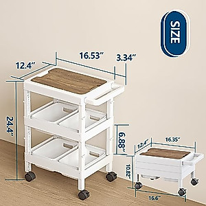 KLONVS 3-Tier Plastic Rolling Utility Cart with Handle, Multi-Functional Storage Trolley for Office, Living Room, Kitchen, Movable Storage Organizer with Wheels, White