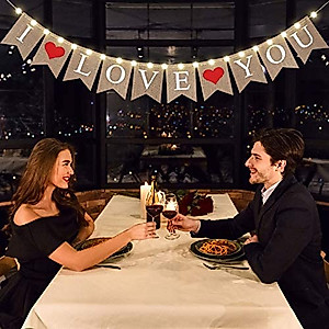 I Love You Burlap Banner for Valentine's Day Decoration, Love Heart Hanging Sign with 8 Modes LED String Light, Wedding Engagement Party Bunting Garland for Valentines Day Dating Home Decor