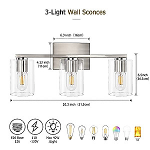 DRNANLIT 3-Light Vanity Light, Brushed Nickel Bathroom Lighting Fixtures Over Mirror, Modern Metal Wall Lights for Hallway Kitchen Bedroom Living Room