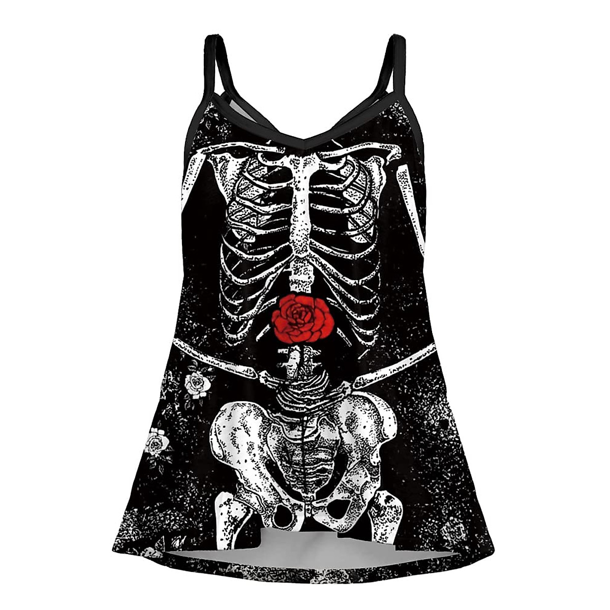 Eciodci Women's Halloween Horror Loose Tank Top Shirts 3D Print Rose Skeleton V Neck Sleeveless Tank Tops