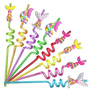 24 Rainbow Mermaid Party Favors Mermaid Tail Drinking Straws for Mermaid Birthday Party Supplies with 2 PCS Straws Cleaning Brush