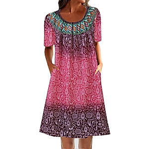 Round Print Loose Neck Pocket Boho Dress Floral Short Dress Sleeve Women Summer Office Dresses for Women for Work Pink