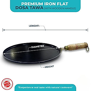 KASHVIYA Pre-Seasoned Iron Flat Dosa/Omelette/Roti/Chapati Tawa with Wooden Handle, Medium 10.5 Inch/27 Cm Gas&Induction Compatible | 100% Pure & Toxin-Free Iron, No Chemical Coating