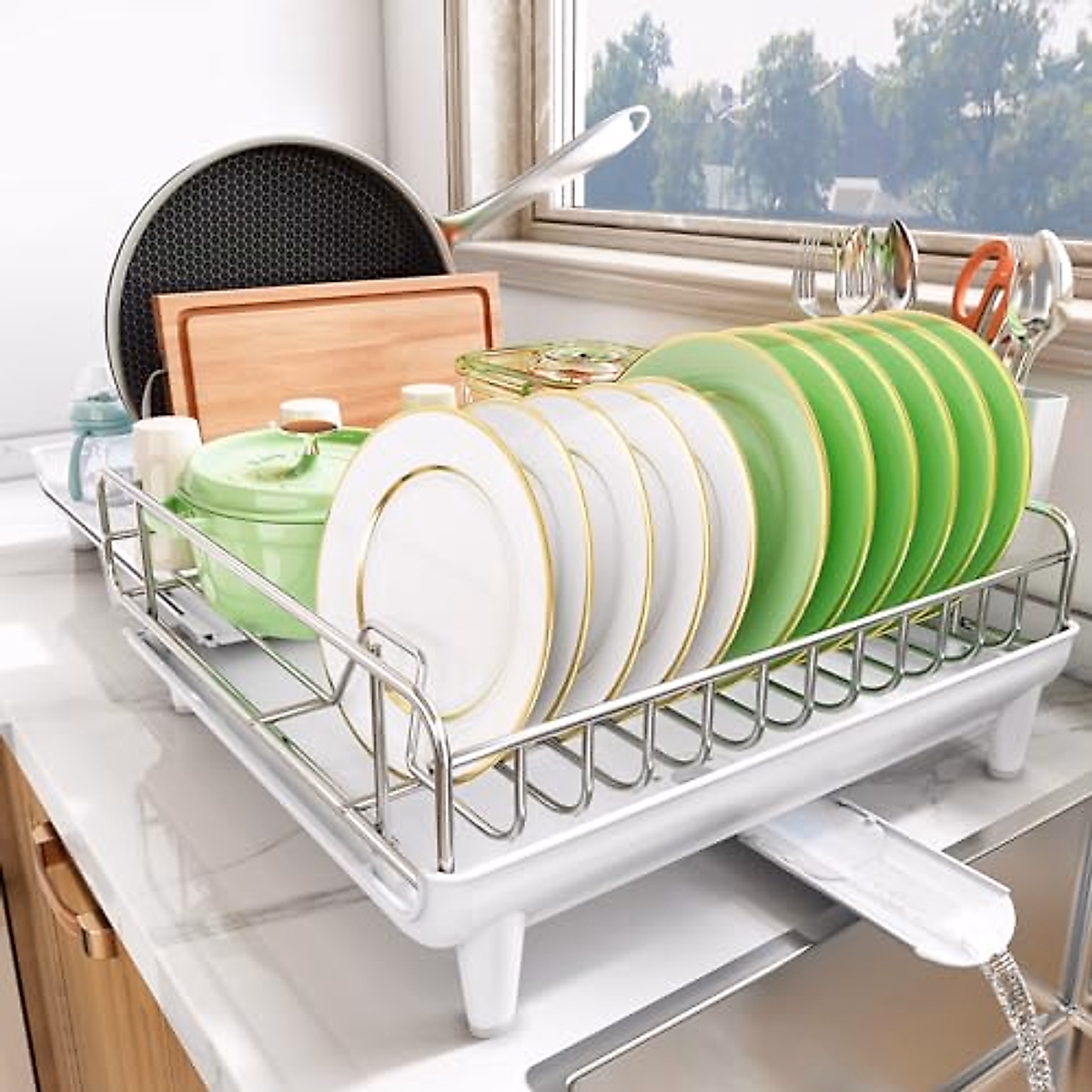 Dish Drying Rack, Expandable Dish Racks for Kitchen Counter with Versatile Pot Pan Rack, Large Stainless Steel Dish Drainers with Utensil Holder, White
