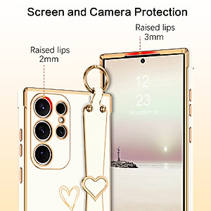 BENTOBEN for Galaxy S23 Ultra Case with Adjustable Wristband Kickstand Loop, Cute Heart Luxury Plating Bumper, Raised Corner Shockproof Women Girls Phone Cover for Samsung Galaxy S23 Ultra 6.8", White