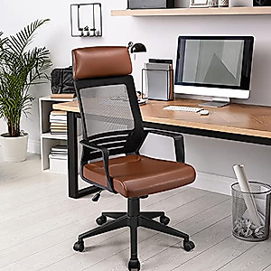 Yaheetech Executive Office Chair, Ergonomic High Back Leather/Mesh Desk Chair with Headrest and Lumbar Support, Swivel Chairs on Wheels/Castors for Home Office, Brown