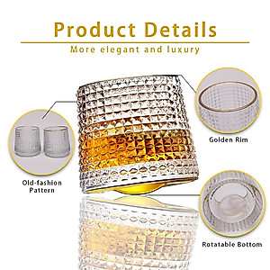 LEMOYEE Whiskey Glasses- Rotatable Set with Golden Rim For Perfect Idea for Scotch Lovers,Style Glassware for Bourbon,Clear Set of 4