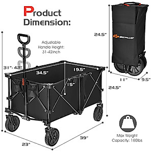 S AFSTAR Folding Wagon Cart, Collapsible Garden Wagon w/Adjustable Handle & Universal Wheels, Heavy Duty Folding Utility Cart for Agricultural Material Toy Grocery, Load Capacity up to 180Lbs (Black)