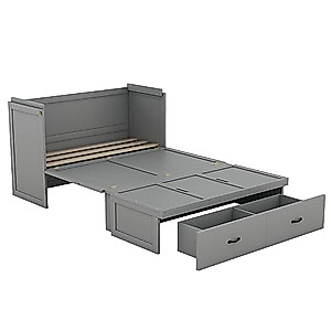 Full Size Murphy Bed with USB Port and Storage Drawers, Wood Full Platform Bed Frame with Charging Station, Full Murphy Bed for Bedroom Murphy Bed Cabinet Murphy Chest Bed (Gray)