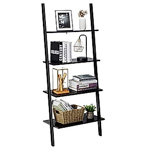 Tangkula Industrial 4-Tier Ladder Shelf, Leaning Against The Wall Bookshelf for Living Room Office, Multipurpose Storage Rack Shelves with Metal Frame, Plant Flower Stand (Black)