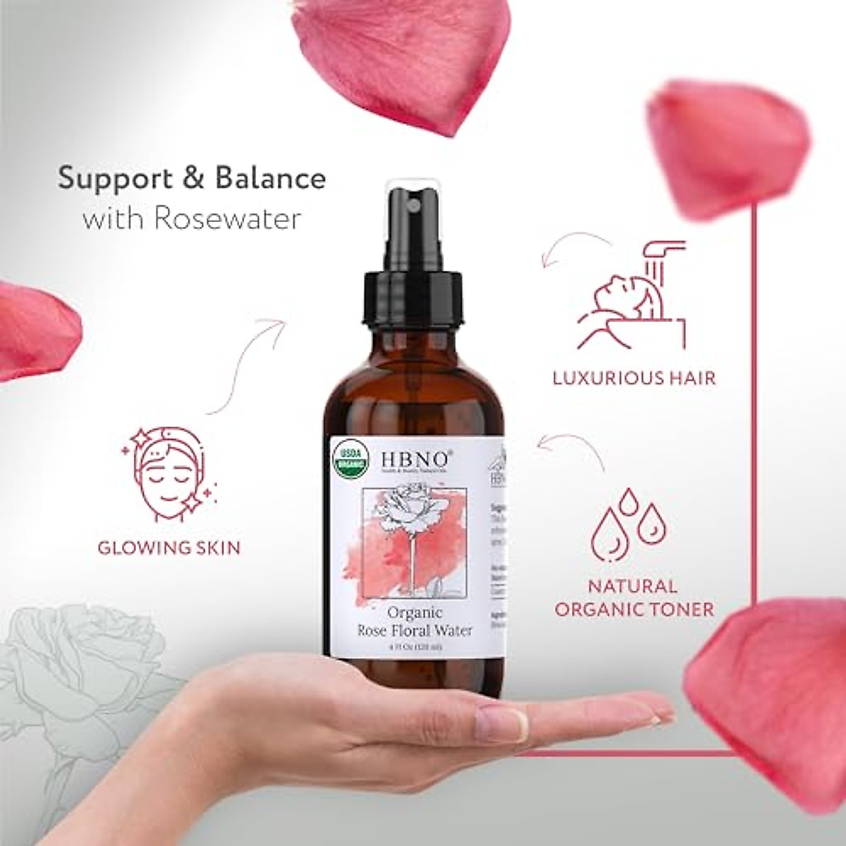HBNO Organic Rose Floral Water - Huge 4 oz (120ml) Value Size - for Face, Body, Skin, Lips, Hair, Nails, Lotions, Spray - 4 OZ (120 ml)