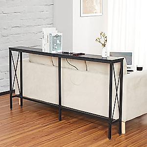 ELYKEN Console Table with Power Outlet, 63” Narrow Sofa Table for Living Room, Long Slim Table with Charge Station and 6.5’ Extension Cord, Black Couch Table with Metal Frame
