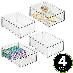 mDesign Plastic Stackable Bathroom Storage Organizer Bin with Pull Out Drawer for Cabinet, Vanity, Shelf, Cupboard, Cabinet, or Closet Organization - Lumiere Collection - 4 Pack - Clear