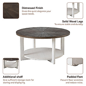 COZAYH Round Wood Coffee Tables with Storage, Rustic Farmhouse Coffee Table with Distressed Wood Top, Large Circle Table for Living Room, Brown, 32Dx32Wx19.5H in