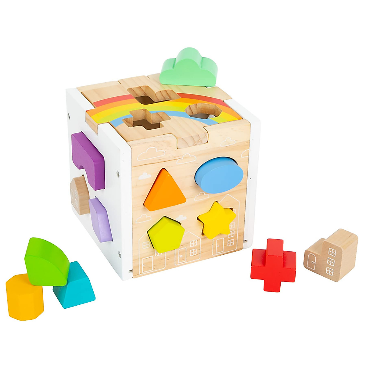 Wooden Rainbow Shape Sorter Cube – Sorting Toy with 13 Geometric Shapes & Removable Lid – Educational Game for Dexterity & Fine Motor Skills – Teaches Counting, Shapes and Colors – Ages 12+ Months