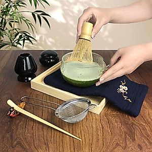 Artcome Japanese Matcha Tea Set, Glass Matcha Bowl with Pouring Spout, Bamboo Whisk, Ceramic Whisk Holder, Wooden Case, Handmade Matcha Ceremony Kit For Japanese Tea Ceremony (Black)