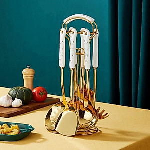 Stainless Steel Kitchen Gold Cooking Utensils set 7pcs (Marble White - Gold)