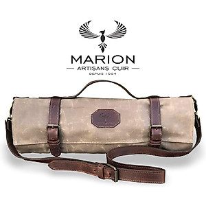 Lynx Soul MARION - LE VOYAGEUR - Waxed Canvas with Genuine Calf Top Grain Leather - Handcrafted Professional Chef's Knife Storage Roll Bag - 8 Pockets - (Sand)