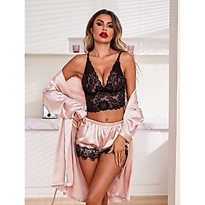 Ekouaer Sexy Pajama Set for Women 3pcs Floral Lace Trim Pjs Silk Sleepwear with Robe Lingerie Set A-pink