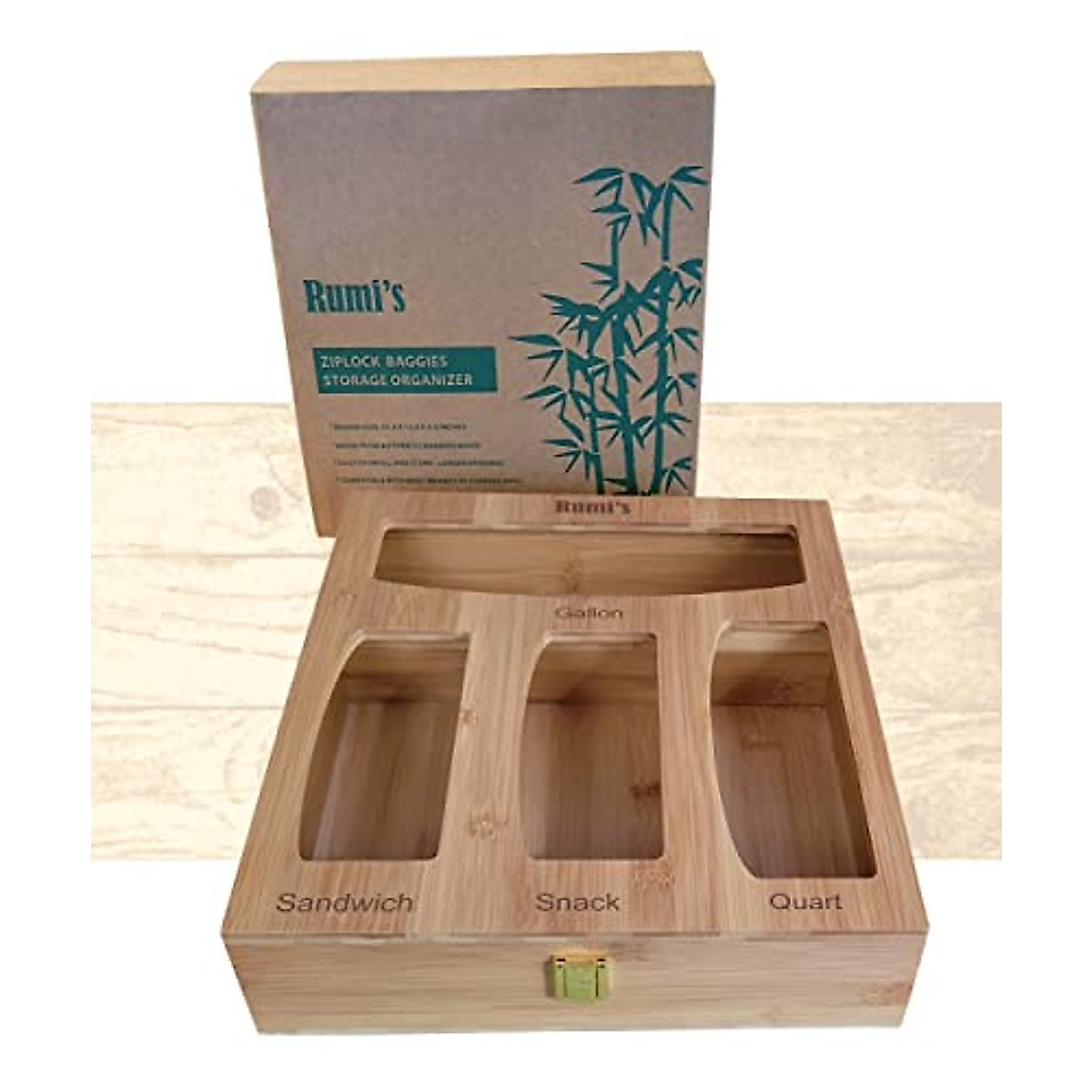 RUMI'S Ziplock Bag Storage Organizer for Drawer Bamboo Gallon, Quart, Sandwich, Great Value, Glad, Hefty Larger & More Practical Size: 13.5'' x 12.0'' x 3.0'' Inches. Golden Yellow 1 1.0 Count