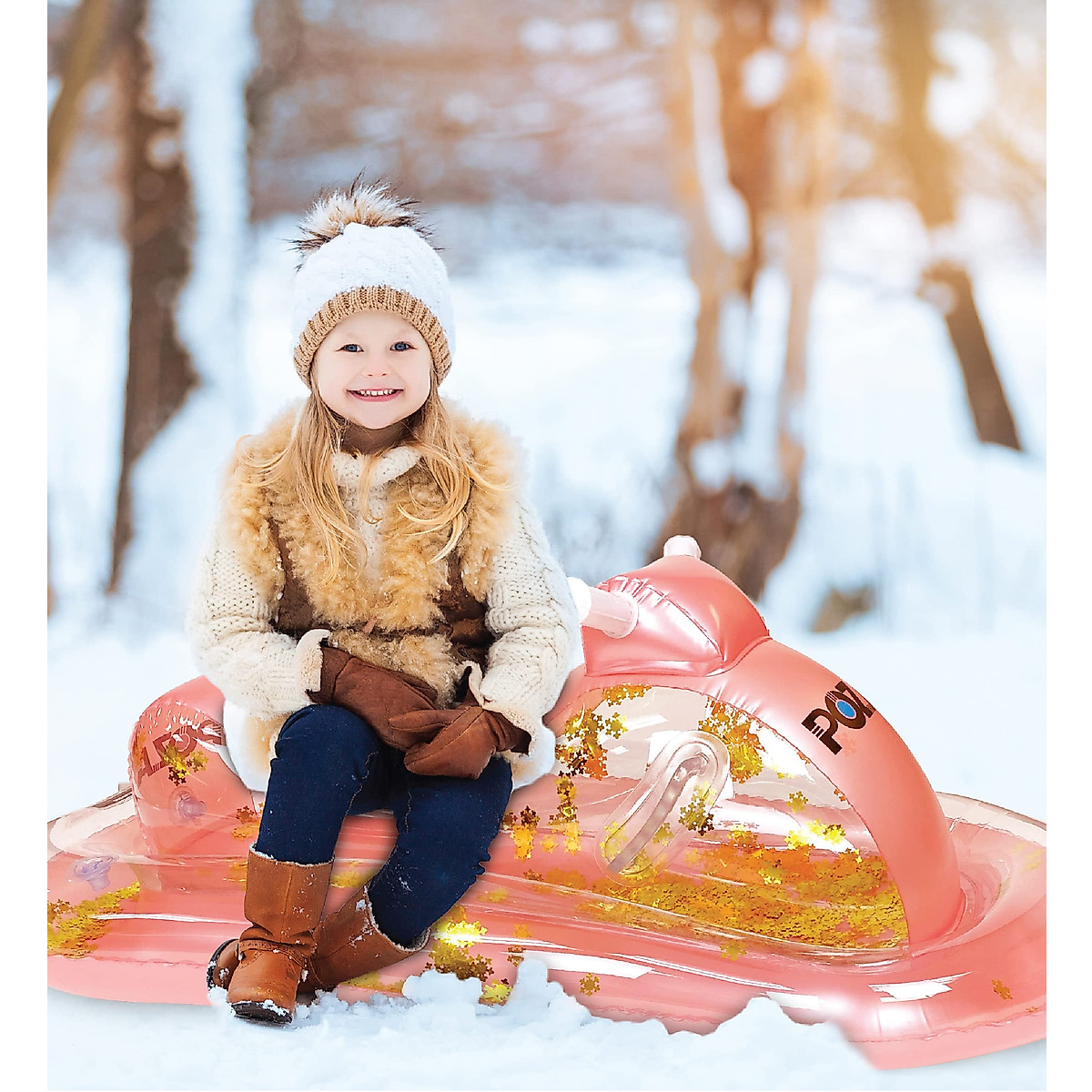 POZA Inflatable Rose Gold Snowmobile Sled - Luxurious Snow Sled with Handles filled with Gold Snowflake Confetti, Premium Cold Resistant PVC Heavy Duty Sled, Ski Sled for Adults and Kids - 51 Inches