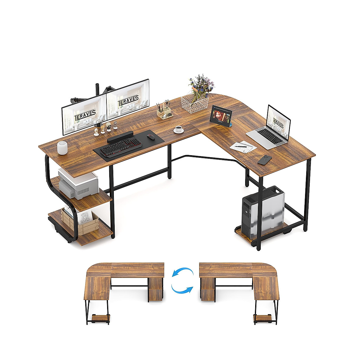 Teraves Reversible L Shaped Desk with Large Surface, 61 Inch Sturdy Corner Desk with Storage Shelves, Premium Office Computer Desk Workstation for Home Office Gaming
