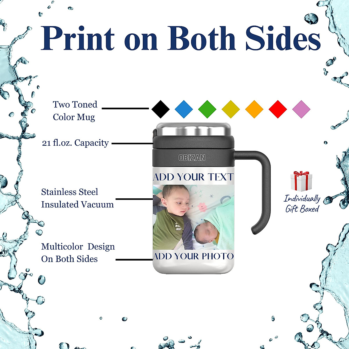 OBIZAN Personalized Tumbler Photo Mug - Insulated Custom Tumbler Coffee Mug with Photo, Text, Logo - Customized Gift Flask - 20oz Stainless Steel - Double Walled Travel Thermos with Handle